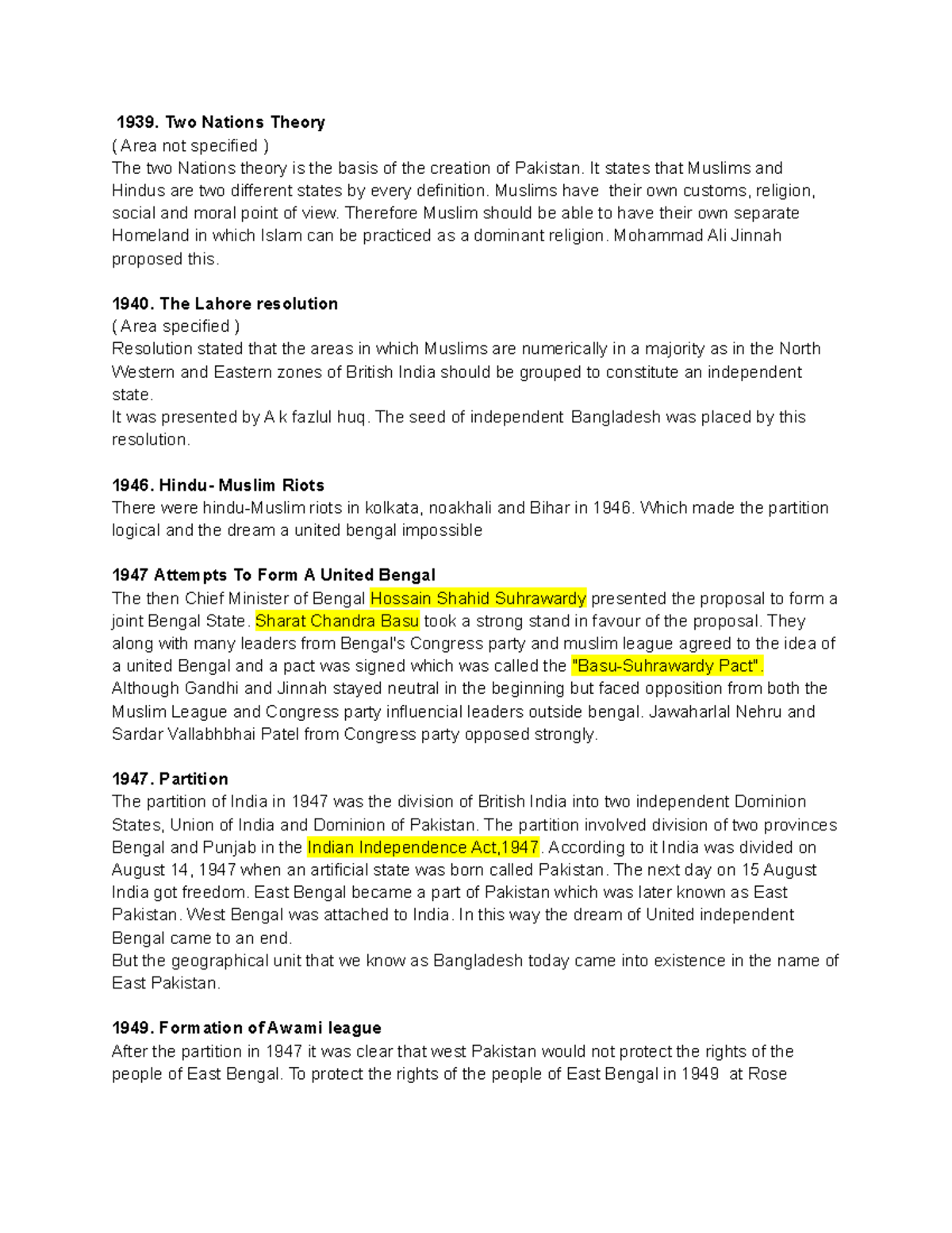 Bd. Studies - History - 1939. Two Nations Theory ( Area not specified ...