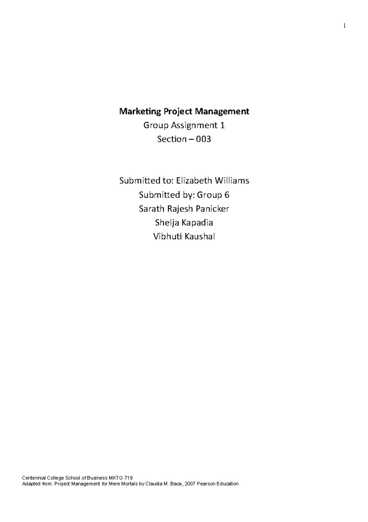 Assignment 1-Group 6 - Project charter for bank - 1 Marketing Project Management Group ...