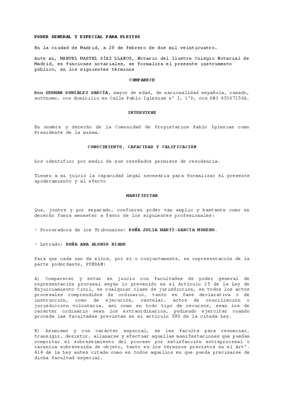 D1. Poder para pleitos - PODER GENERAL Y ESPECIAL PARA PLEITOS En la ...