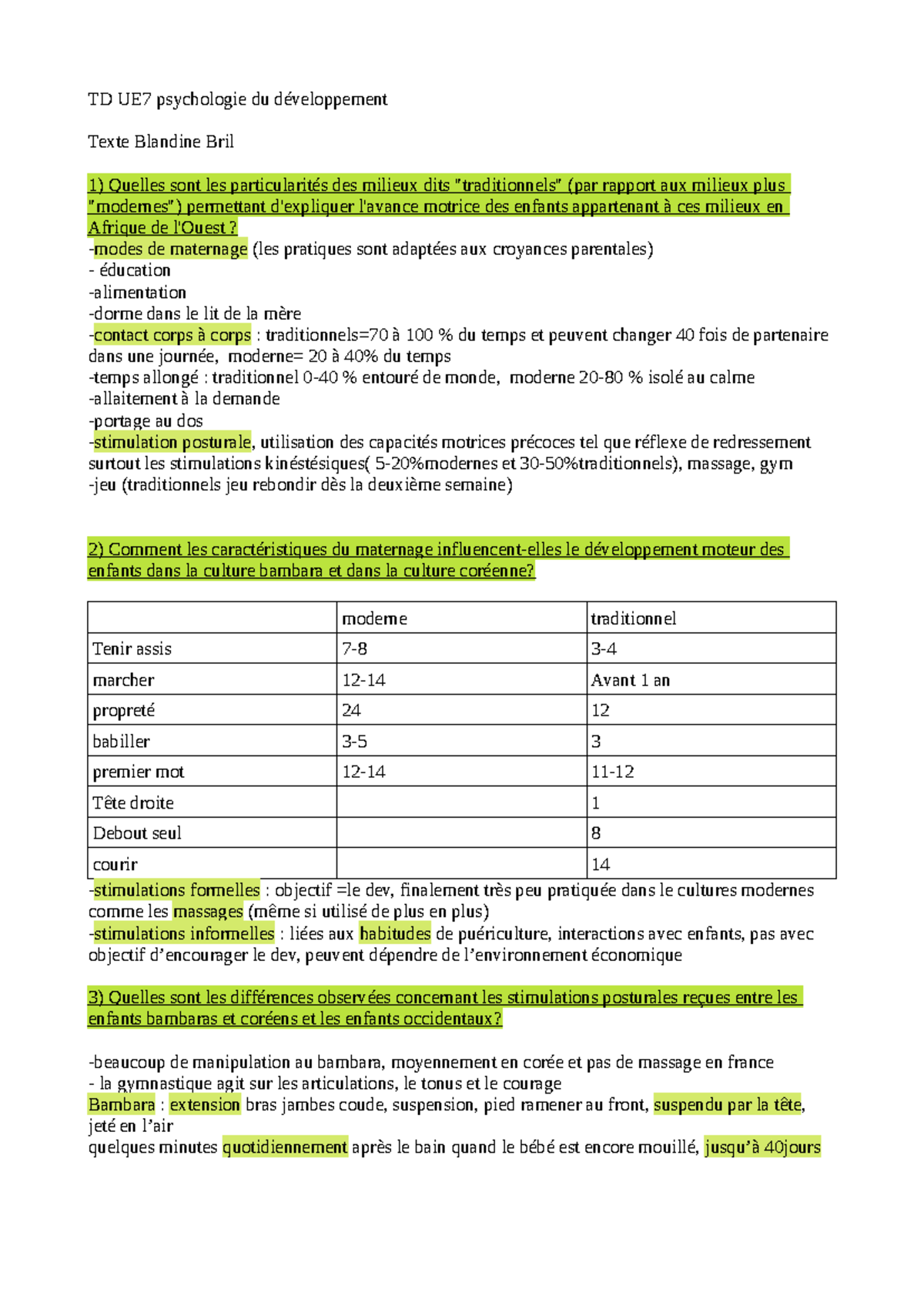 TD UE7 texte Blandine Bril - TD UE7 psychologie du développement Texte ...