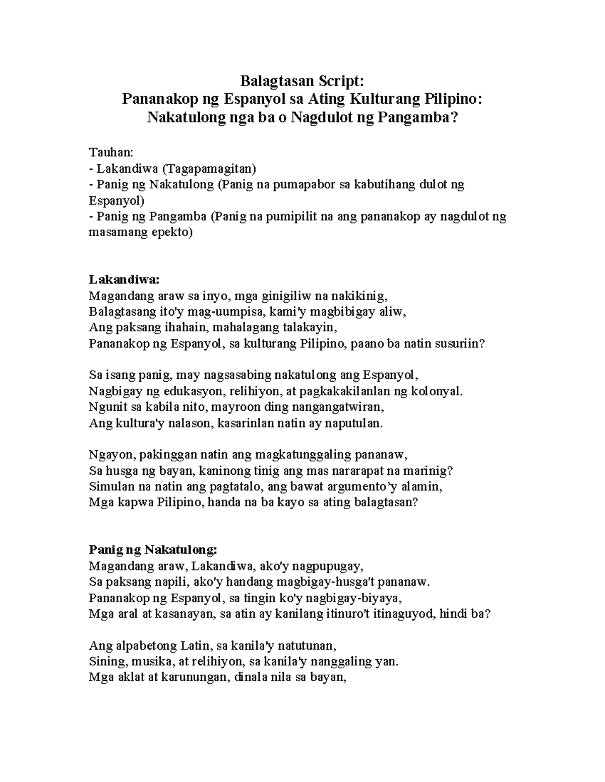 Balagtasan Script - This is for 21st century sub in shs. - Balagtasan ...