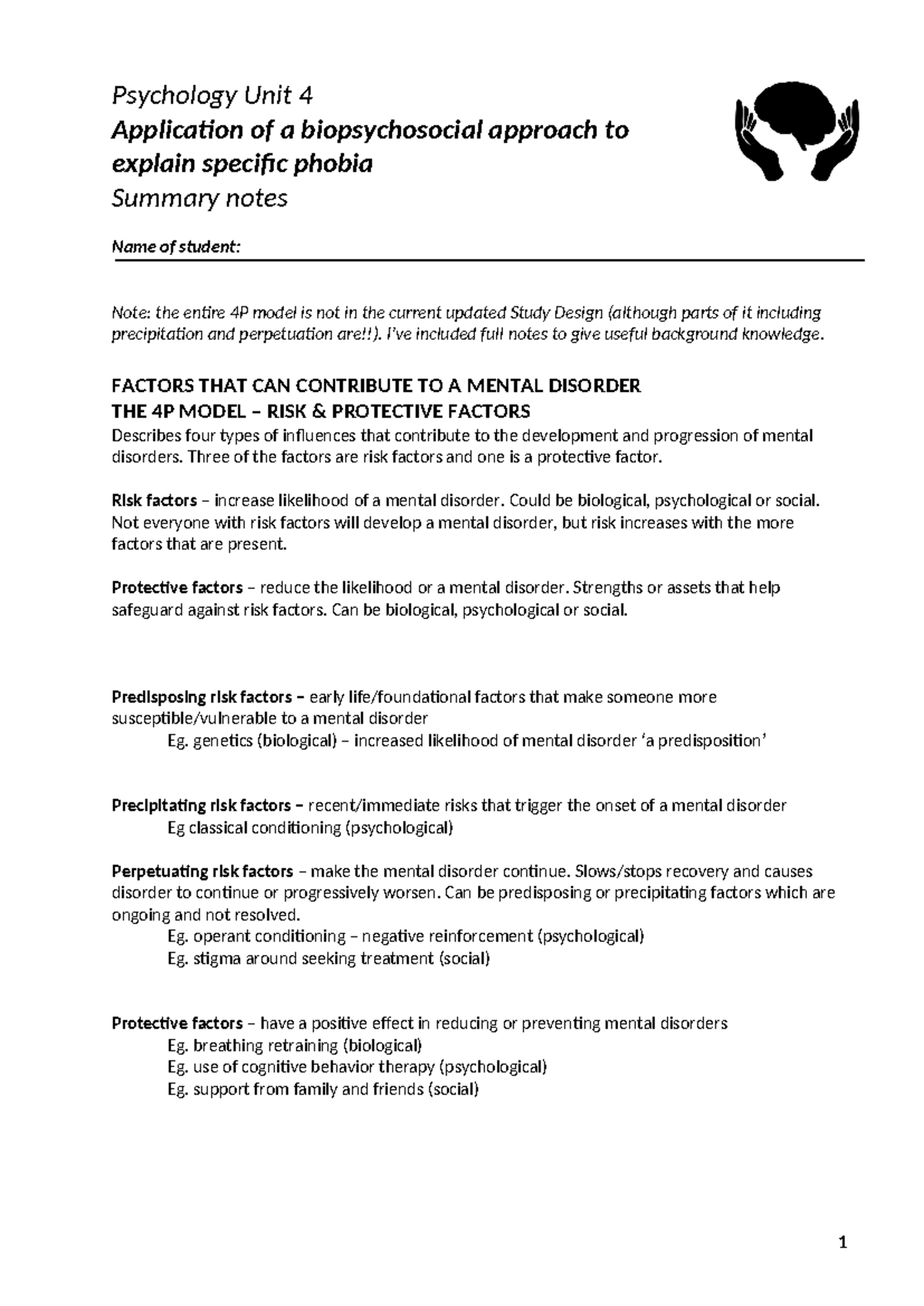 3. Specific phobia notes - Psychology Unit 4 Application of a ...