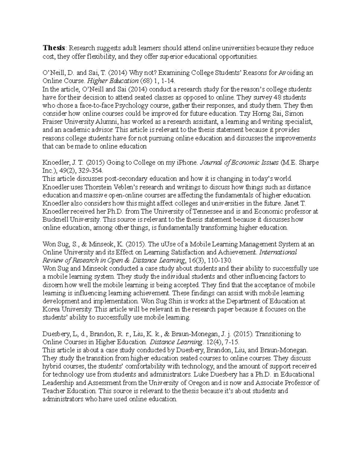 C456, Task 1-Online Education - Thesis: Research suggests adult ...