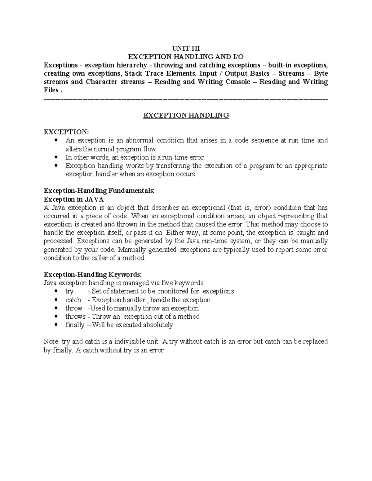 UNIT III Exception Handling and Streams sa - UNIT III EXCEPTION HANDLING AND I/O Exceptions ...