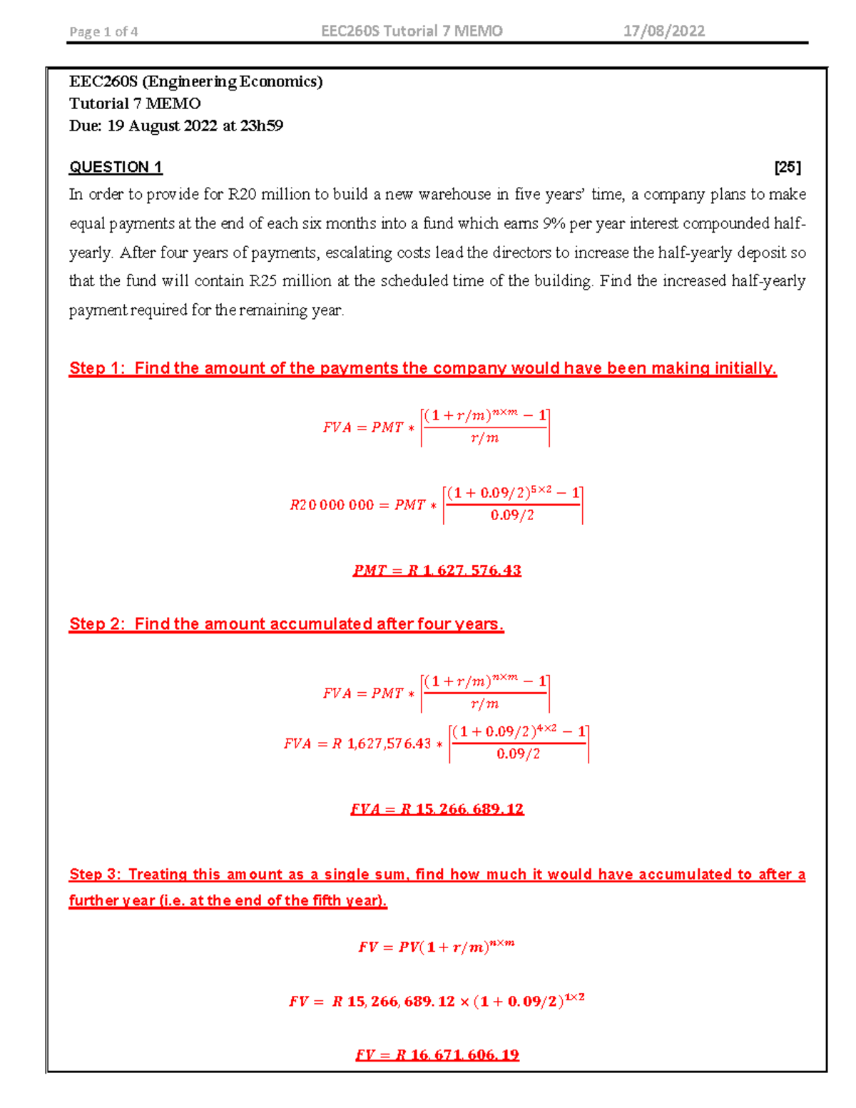 EEC260S Tutorial 7 2022 MEMO - EEC260S (Engineering Economics) Tutorial ...