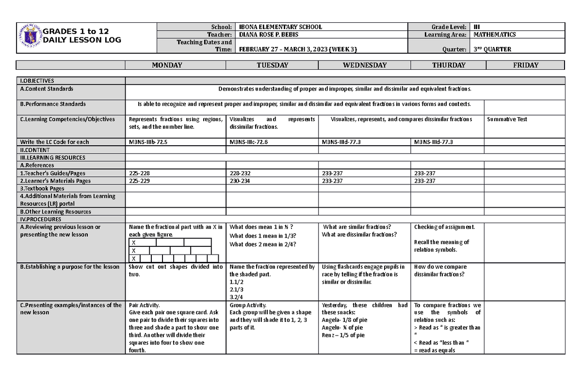 DLL Mathematics 3 Q3 W3 - so interesting - GRADES 1 to 12 DAILY LESSON ...