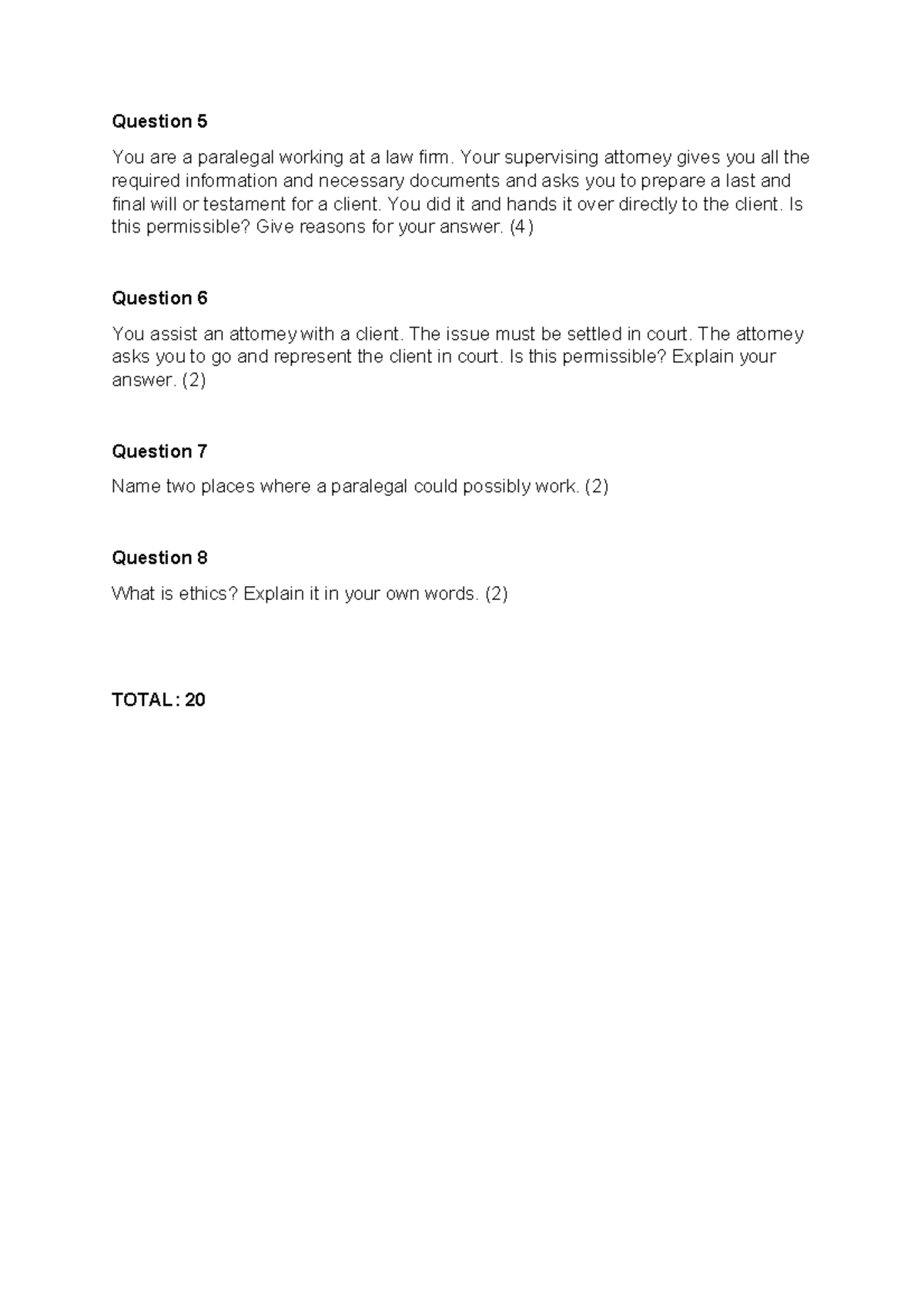 Pdf File - Question 5 You are a paralegal working at a law firm. Your ...