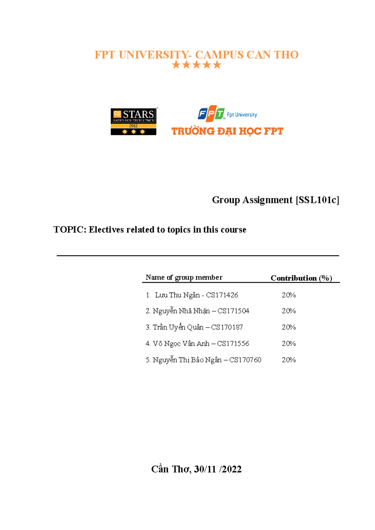 SSL101-IB1705- Group 6 - FPT UNIVERSITY- CAMPUS CAN THO Group ...