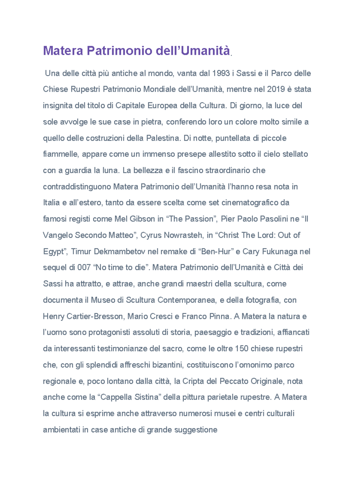 Matera unesco - Storia compito - Matera Patrimonio dell’Umanità . Una ...