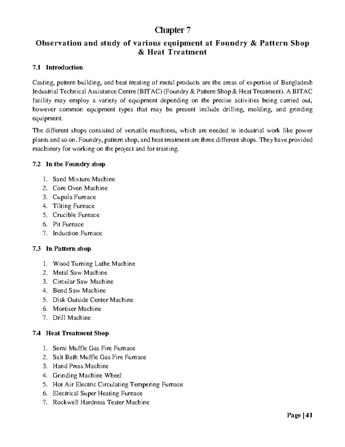 Bitac Industrial Training Report Foundry Pattern Shop and Heat ...