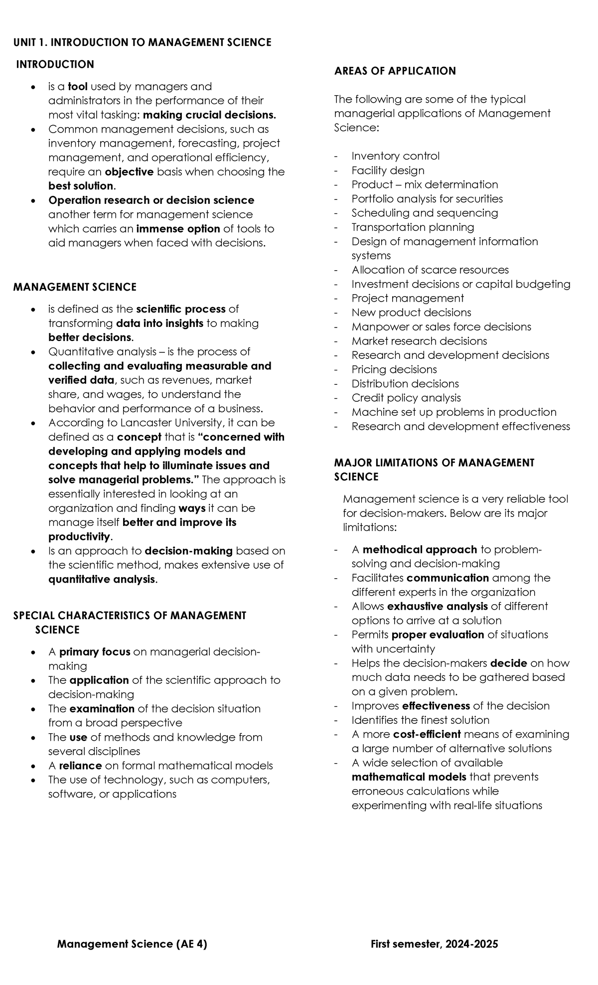 UNIT 1 Introduction to Mangement Science - Management Science (AE 4 ...