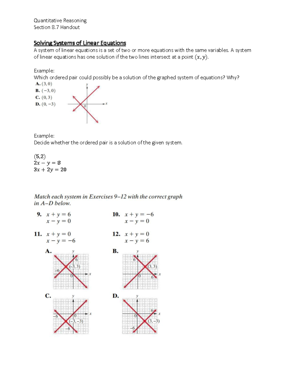 Section 8.7 (Systems of Linear Equations) - Section 8 Handout Solving ...