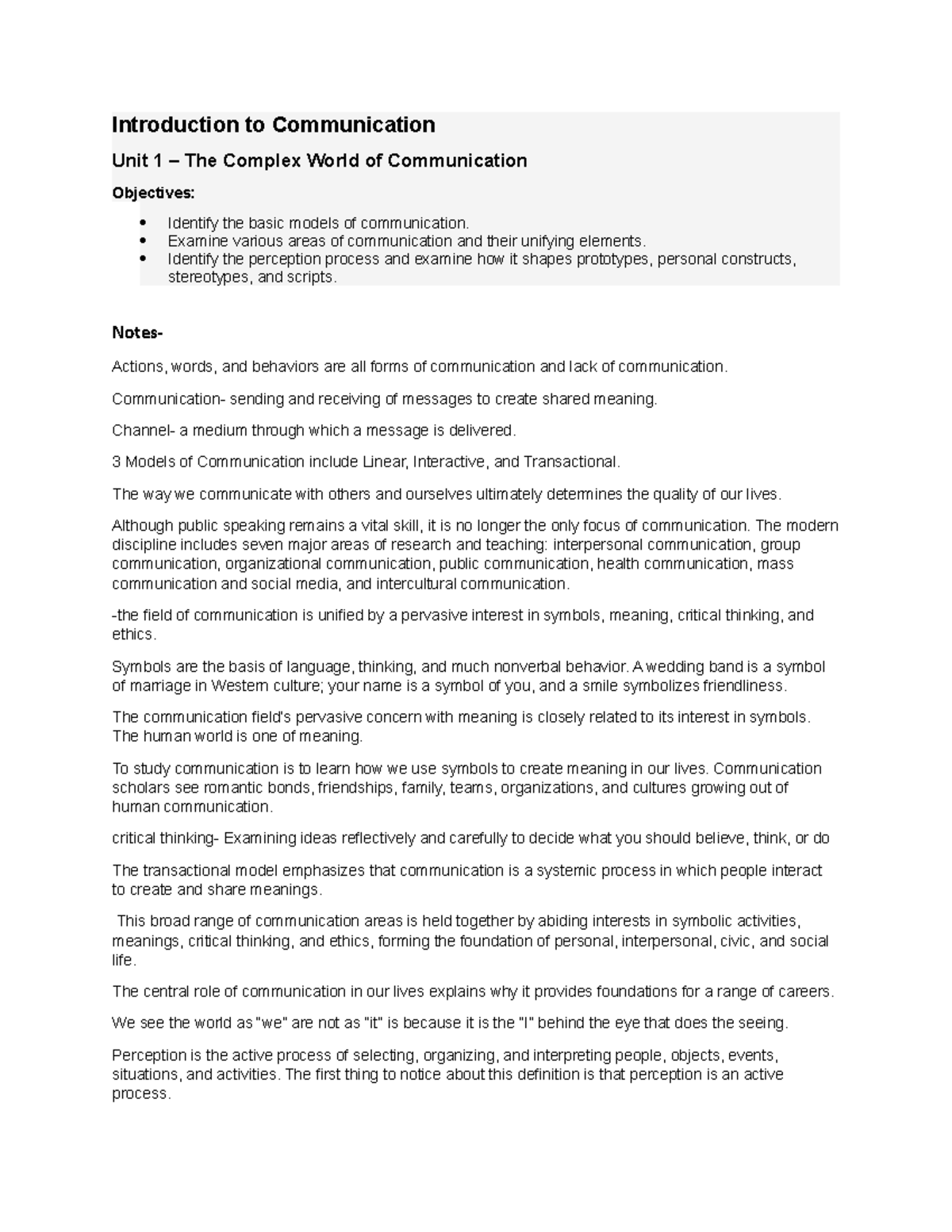 Unit 1 Notes - Introduction to Communication Unit 1 – The Complex World ...