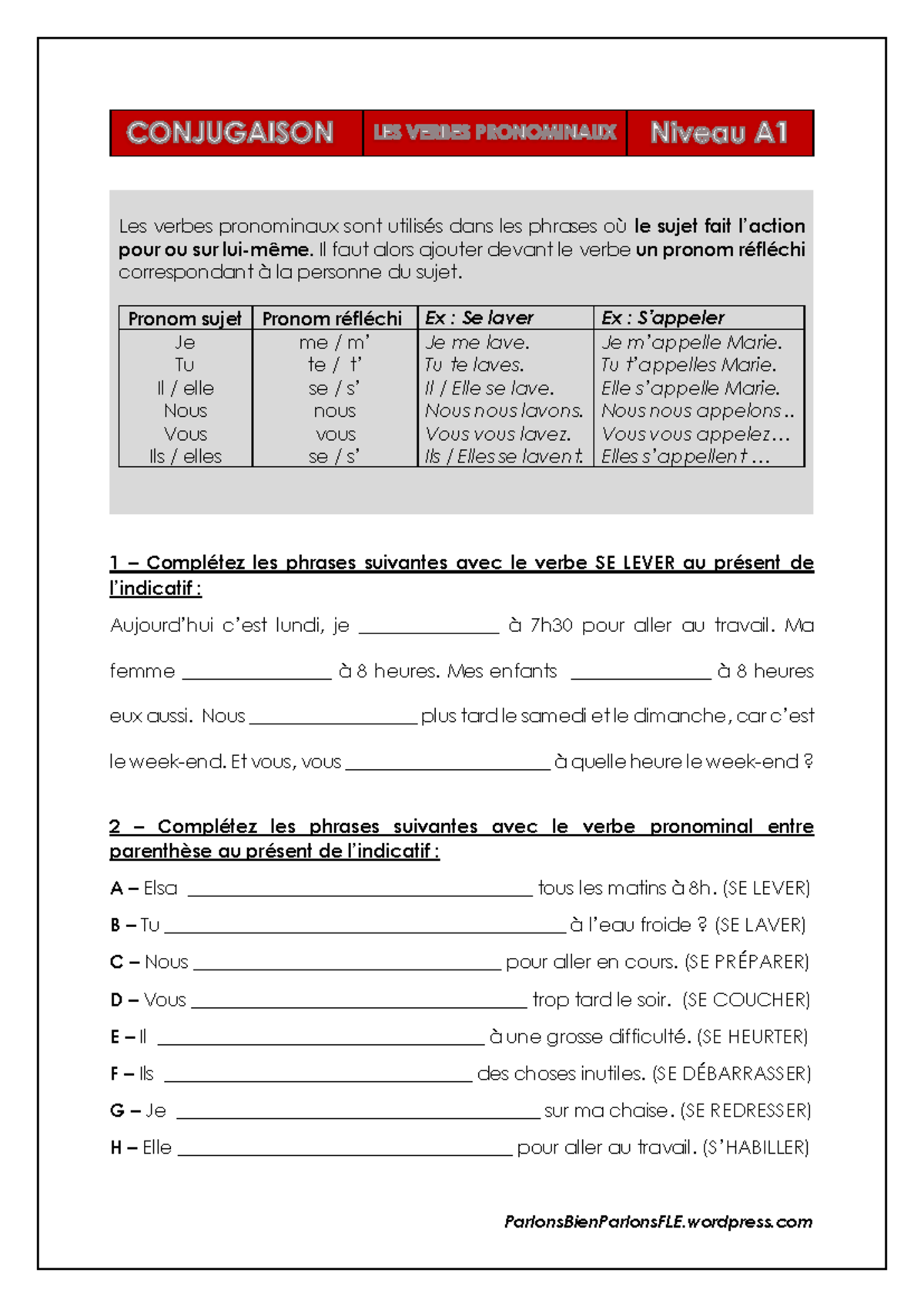 Les-verbes-pronominaux - ParlonsBienParlonsFLE.wordpress Les verbes ...