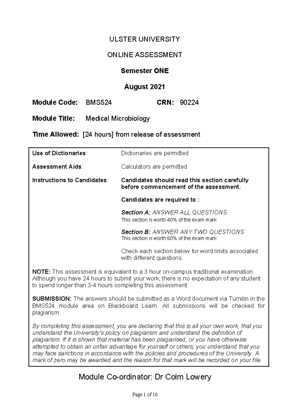 BMS524 exam paper August 2021 - ULSTER UNIVERSITY ONLINE ASSESSMENT ...
