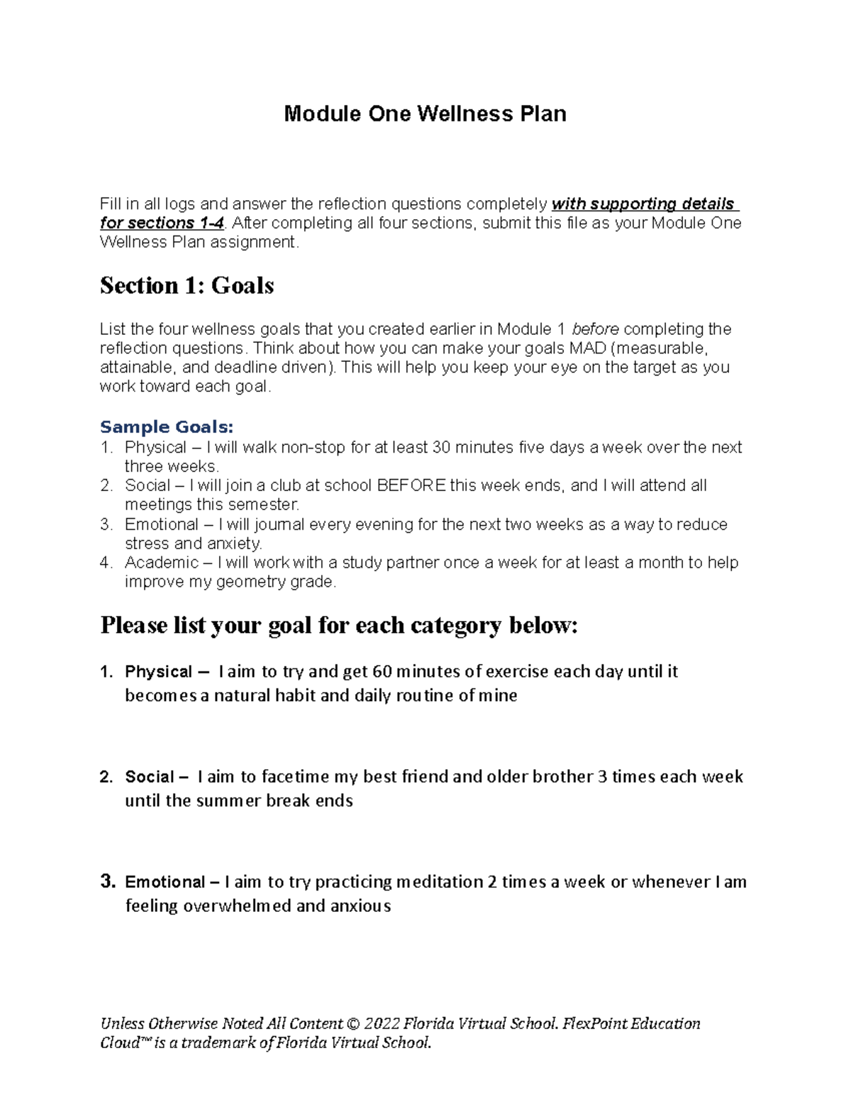 Module one wellness plan NEW - Module One Wellness Plan Fill in all ...