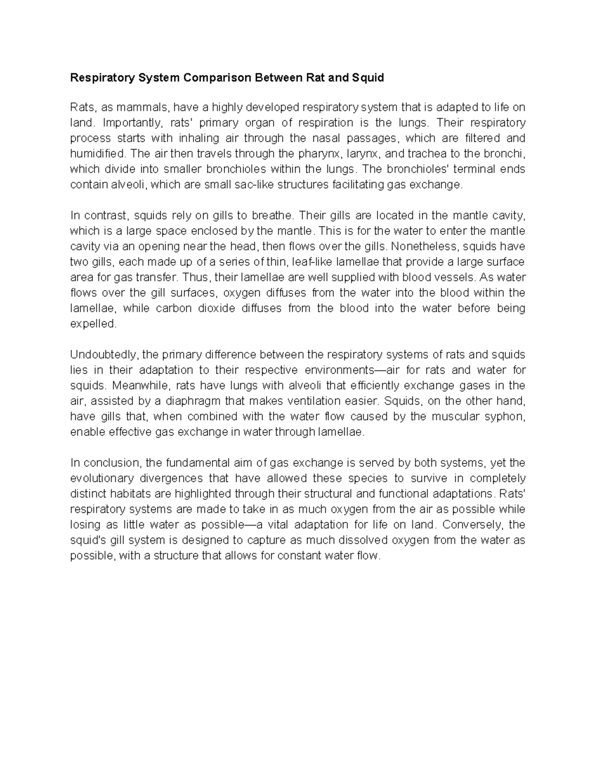 Respiratory System Comparison Between Rat and Squid - Importantly, rats ...