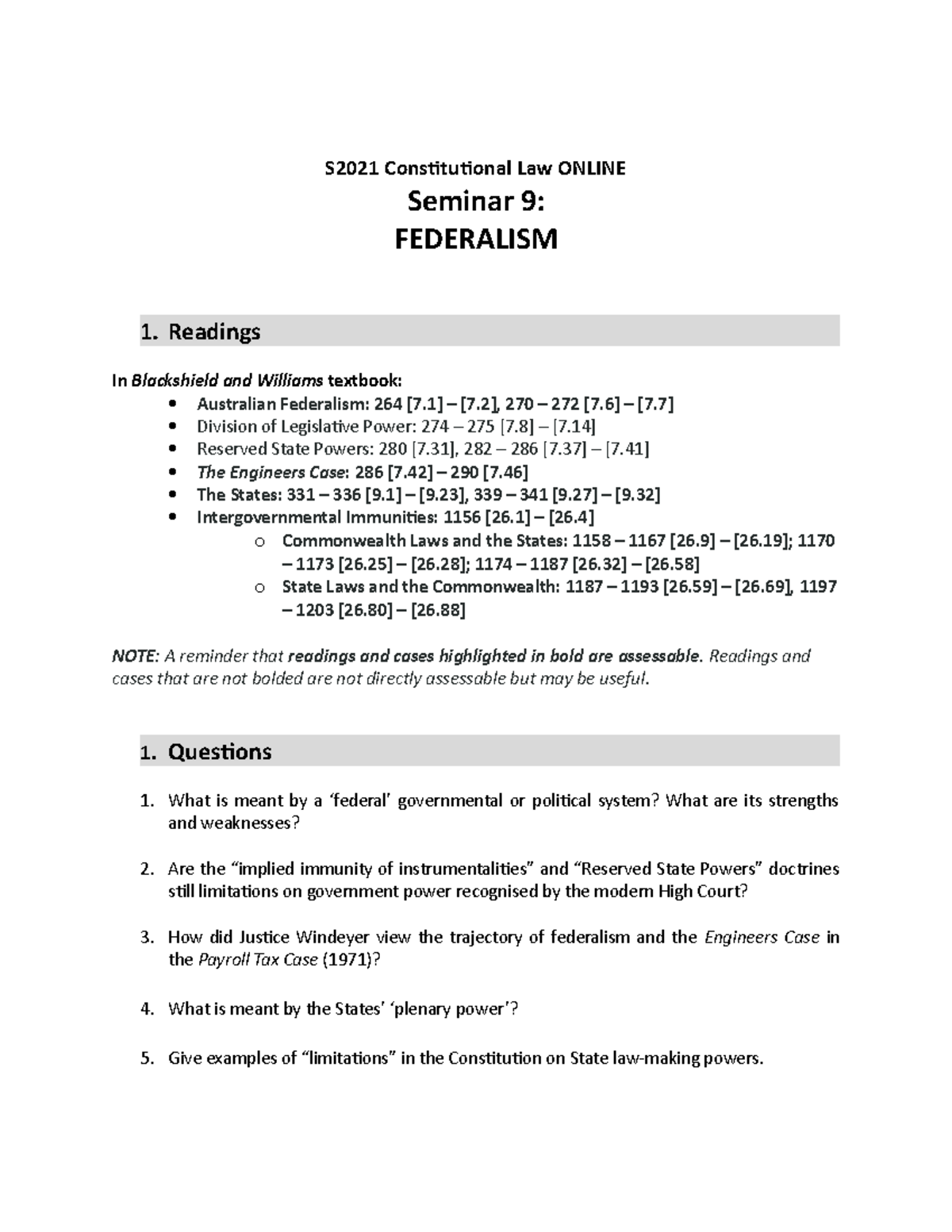 S21 ACL 9 - Federalism - notes - S2021 Constitutional Law ONLINE ...