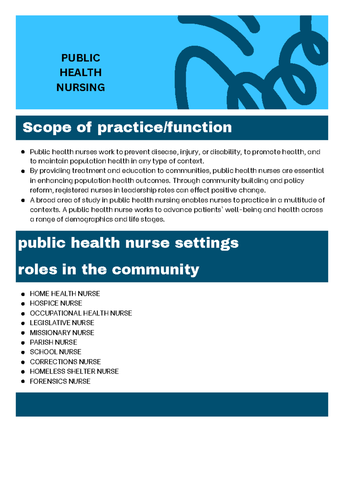 Infographic - PUBLIC HEALTH NURSING Scope of practice/function Public ...