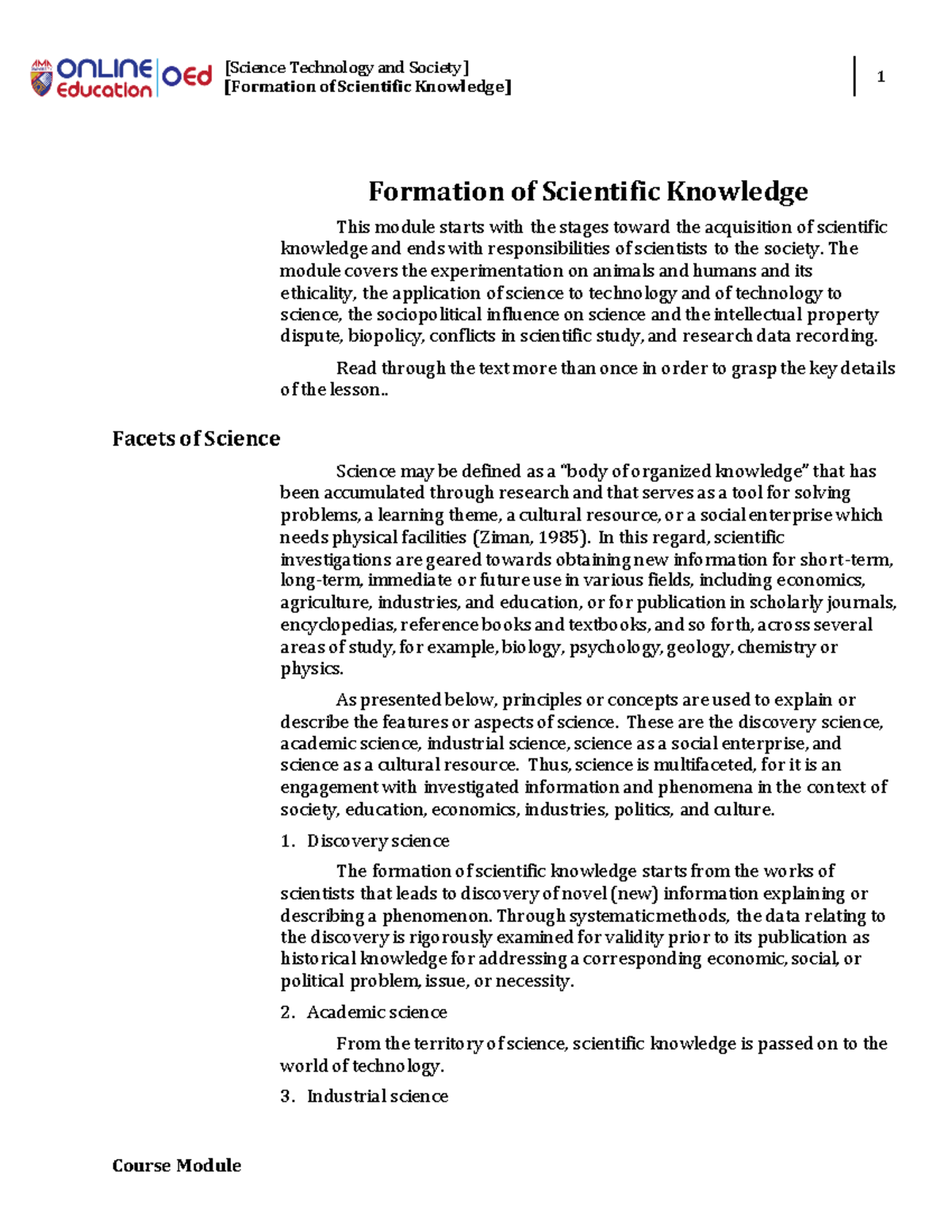 W1-Course Module-Formationof Scientific Knowledge - [Science Technology ...
