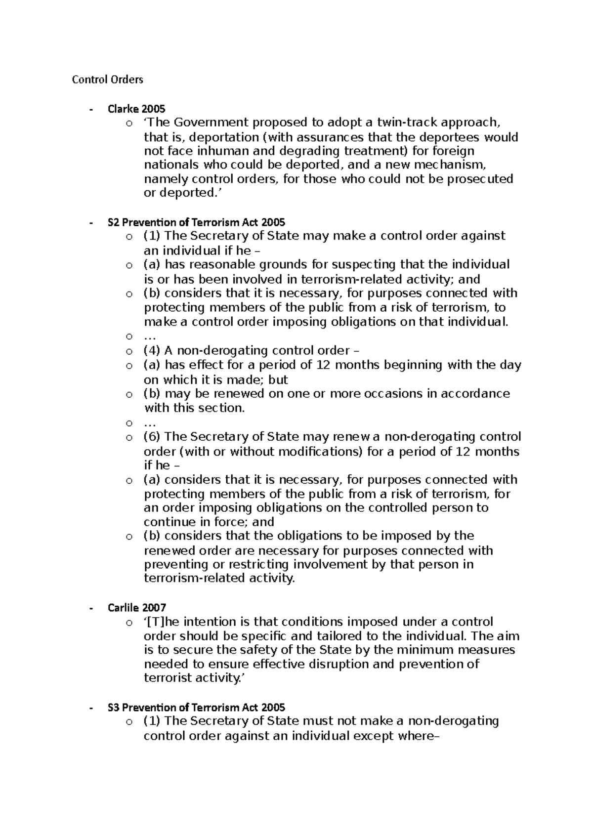 Control Orders Summary - Control Orders - Clarke 2005 o ‘The Government ...
