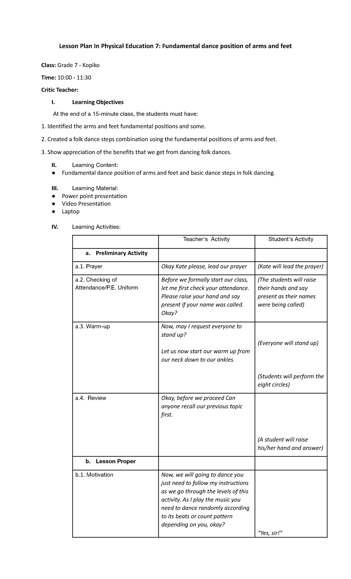 Lesson Plan In Physical Education 7 - Learning Objectives At the end of ...
