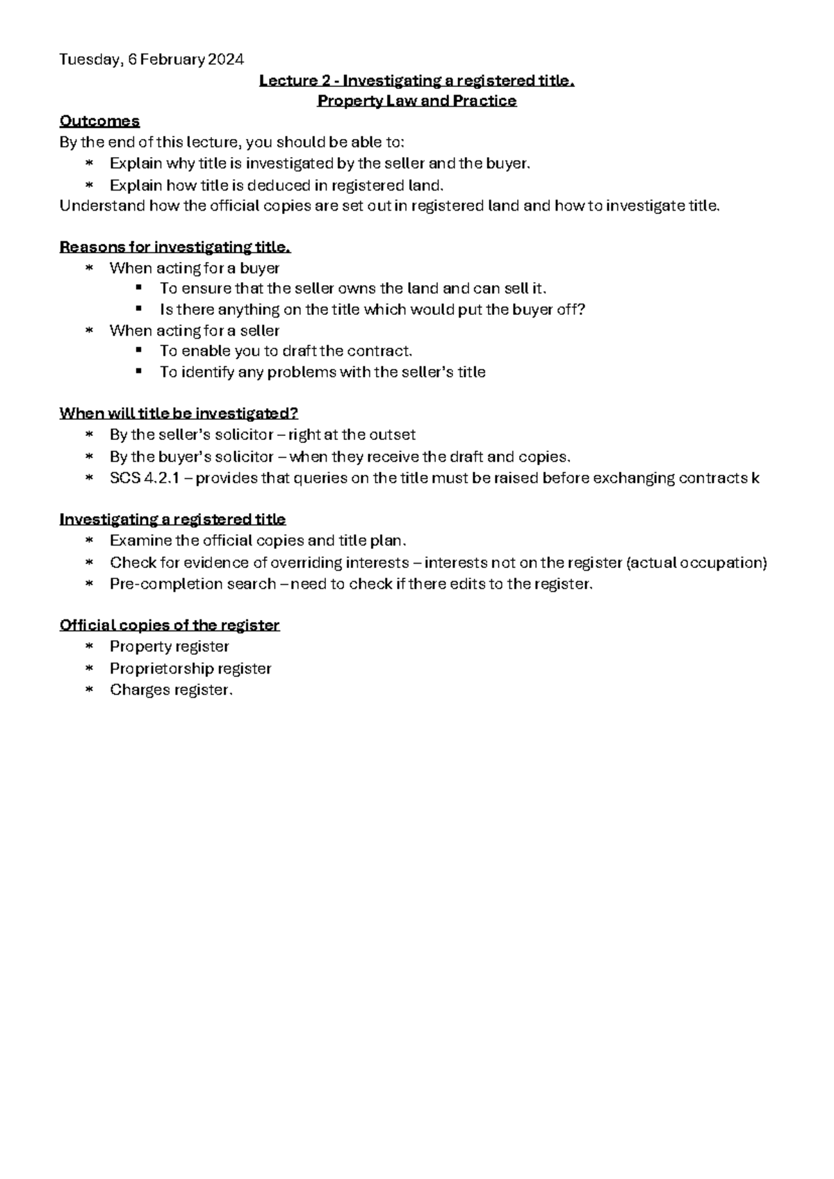 Lecture 2 - Investigating a registered title - Property Law and Practice Outcomes By the end of ...