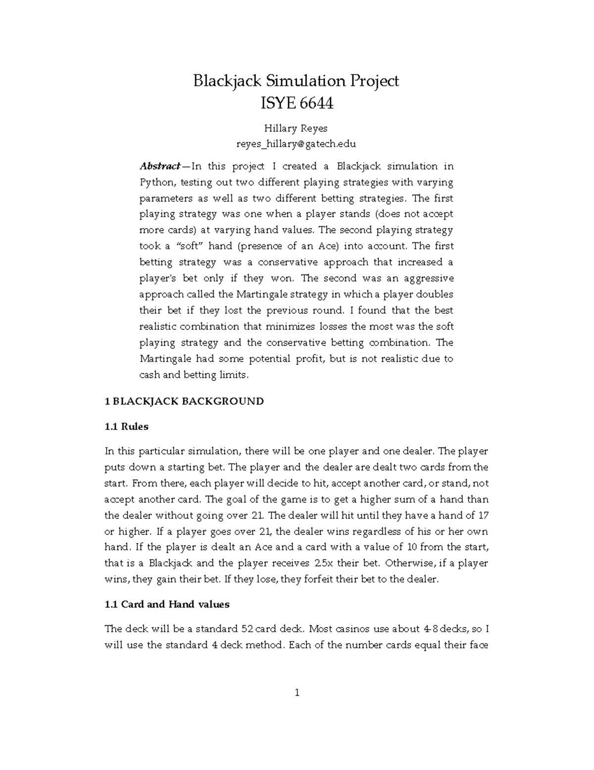 Blackjack Simulation Project Report - Blackjack Simulation Project ISYE ...