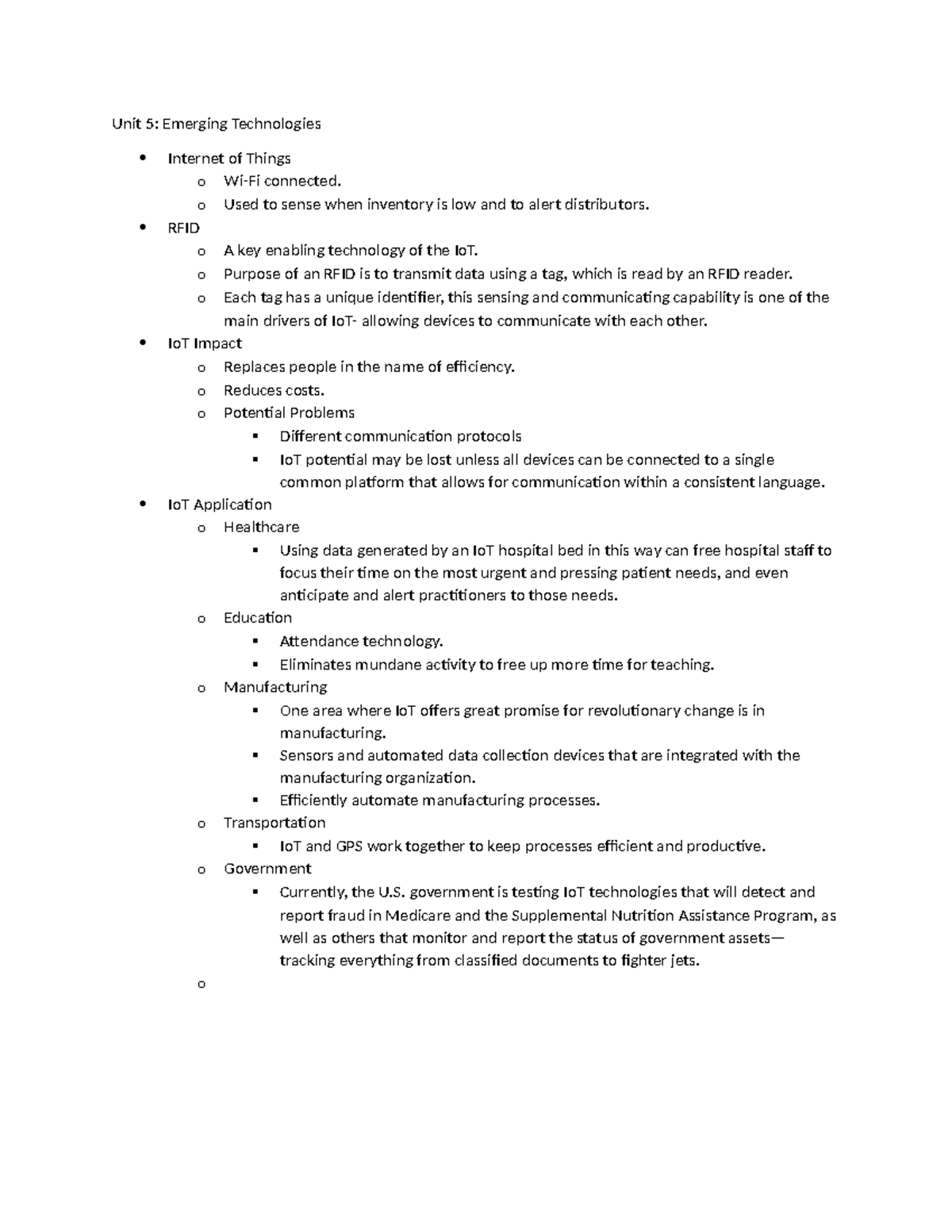 Unit 5 - Unit 5: Emerging Technologies Internet of Things o Wi-Fi ...