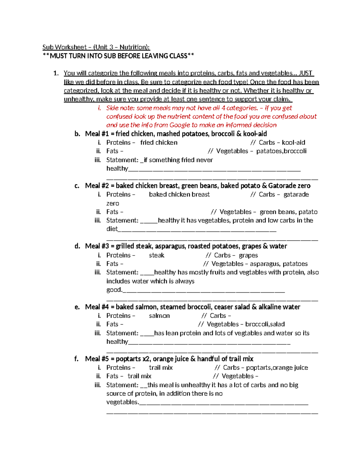 Identifying Macro Packet - Sub Worksheet – (Unit 3 – Nutrition): MUST ...