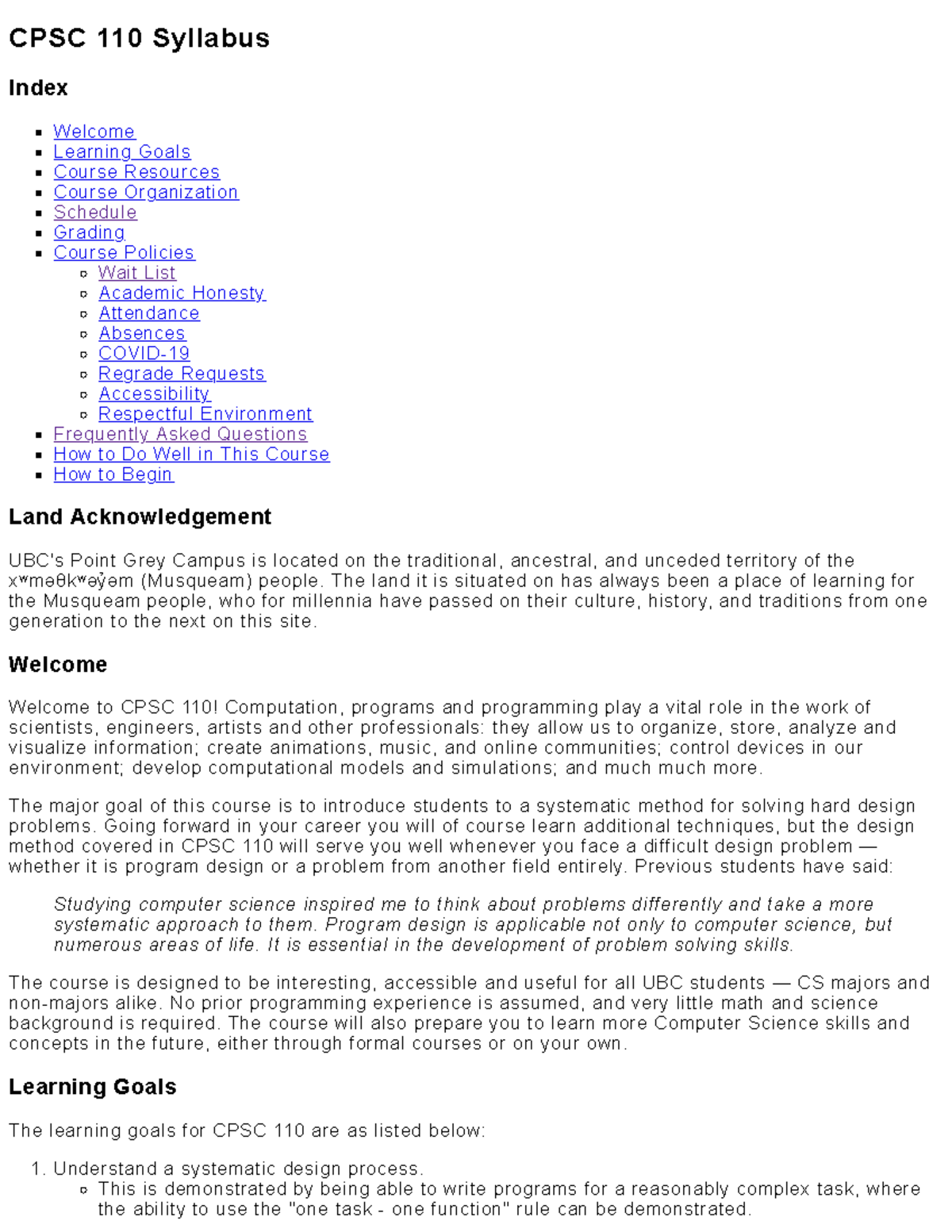 2022 W1 CPSC110 Syllabus - CPSC 110 Syllabus Index Welcome Learning Goals Course Resources ...