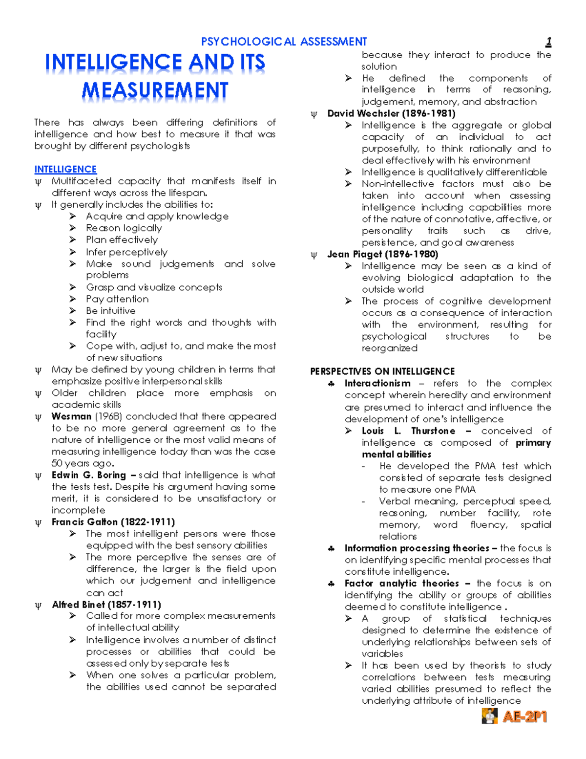 Psychassess CH9 Intelligence and its measurement - INTELLIGENCE AND ITS ...