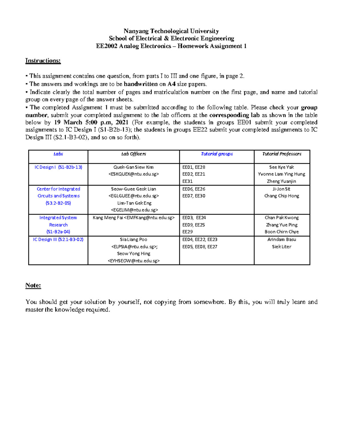 EE2002 Assignment 1 - Sem 2 - Nanyang Technological University School of Electrical & Electronic ...