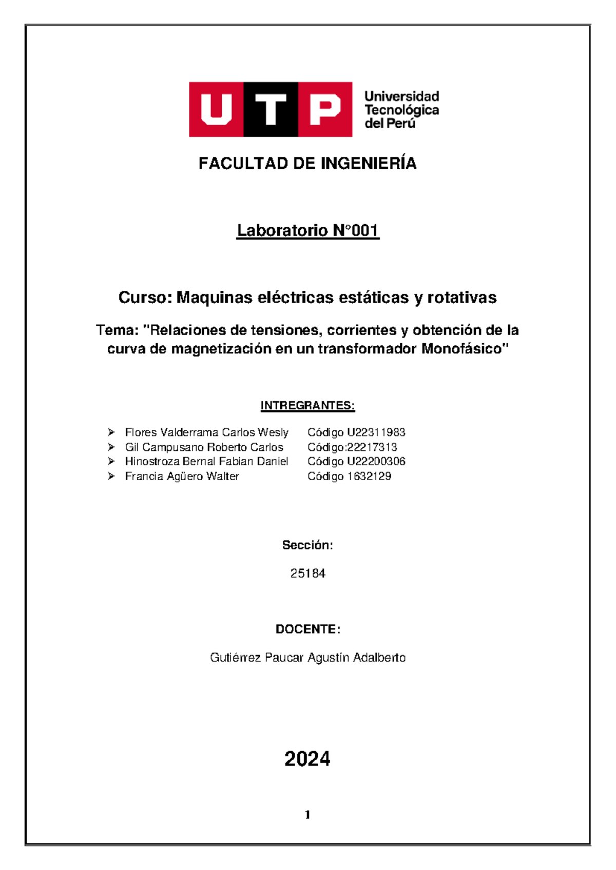 Laboratorio N°001 - Maquinas Electricas estaticas y rotativas - FACULTAD DE INGENIERÍA ...