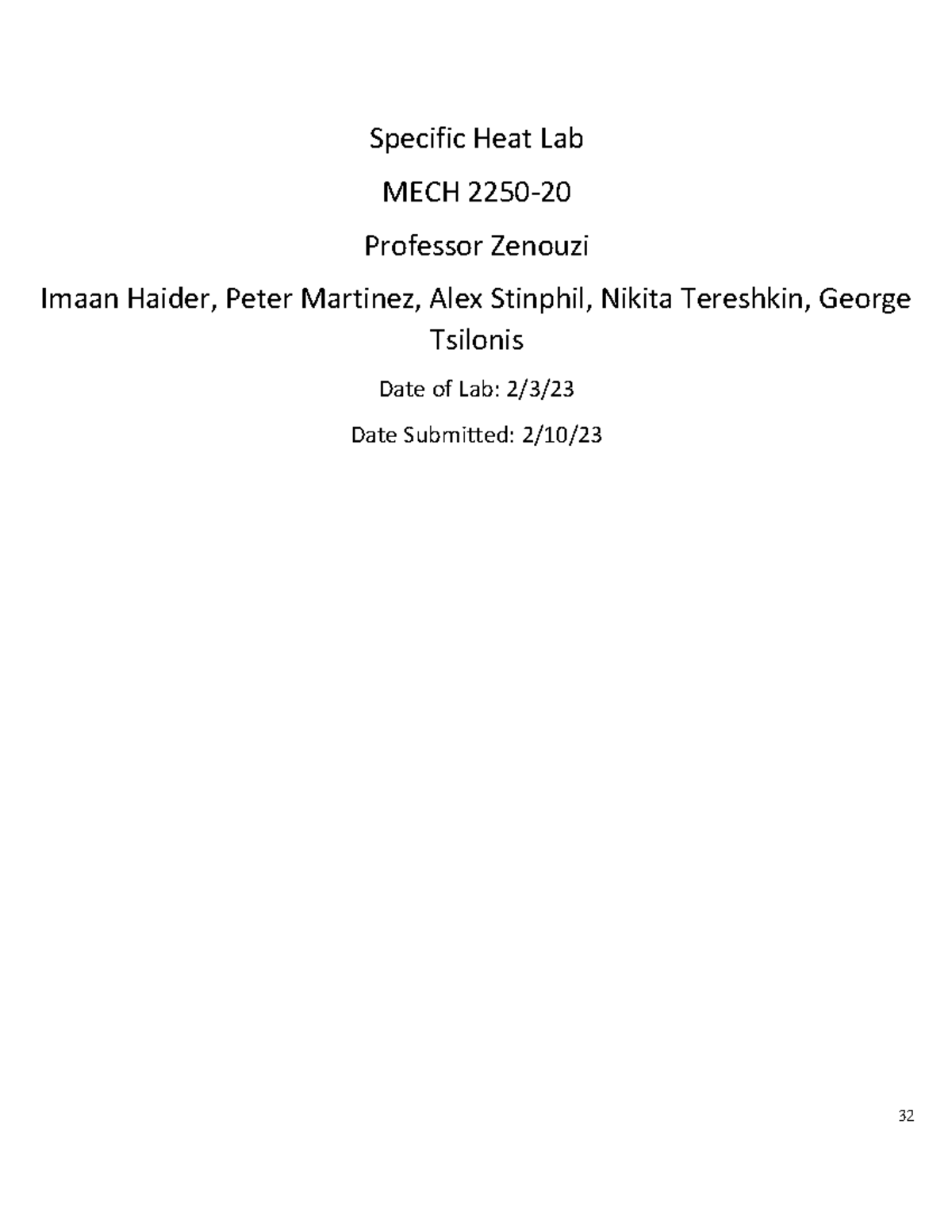 Specific Heat Lab - 32 Specific Heat Lab MECH 2250- Professor Zenouzi ...