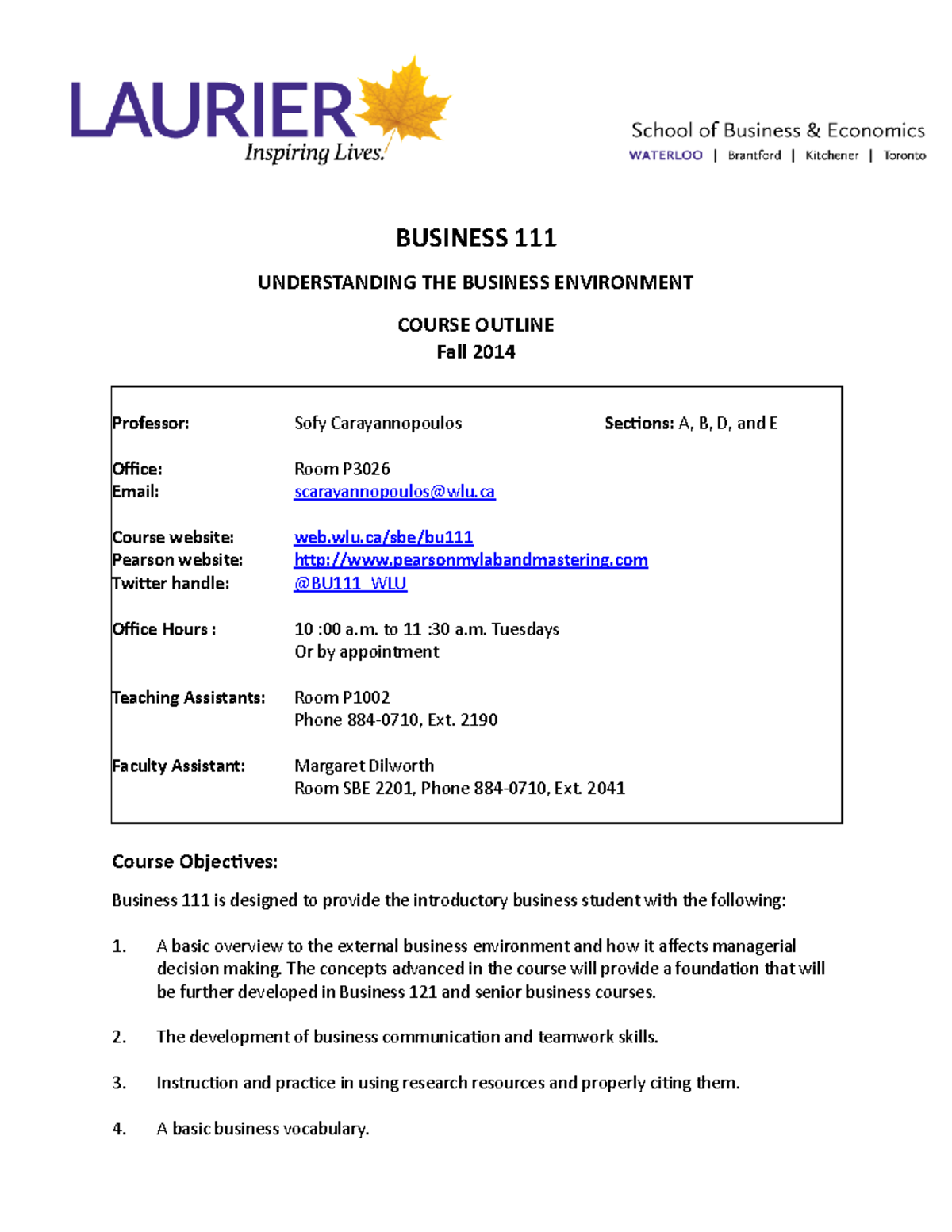 F14 BU111 BBA Course Outline - BUSINESS 111 UNDERSTANDING THE BUSINESS ...