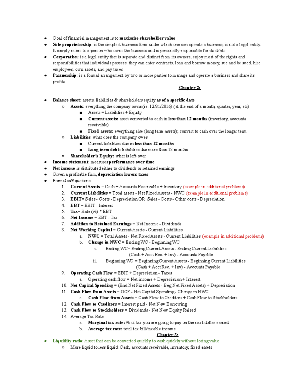 Financial study guide cheat sheet exam 1 - Goal of financial management ...