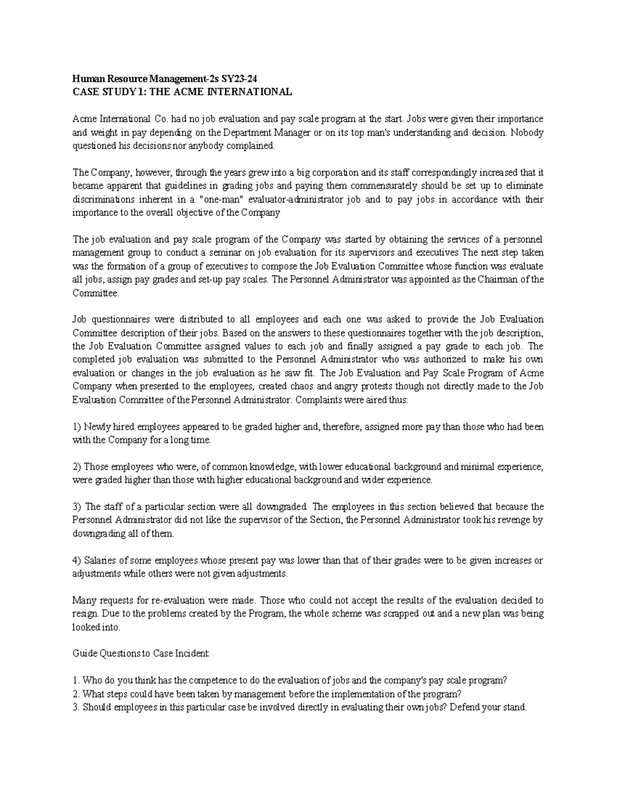 CASE Study 1 Job Info and Evaluation - Human Resource Management-2s ...