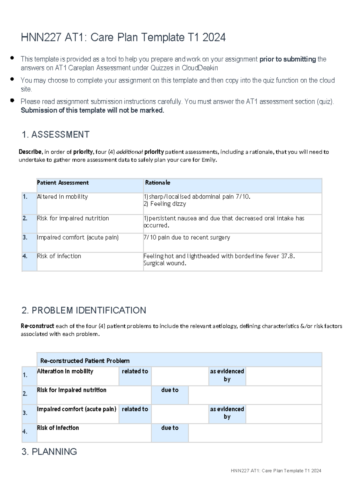 HNN227 T1 2024 AT1 Care Plan Template Students 3 - HNN227 AT1: Care ...