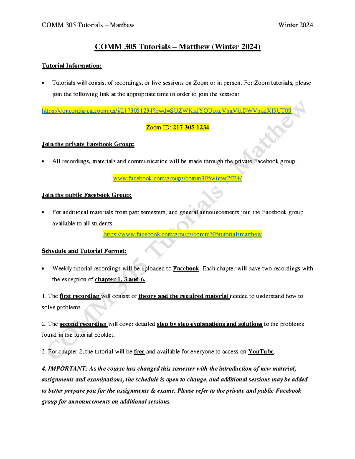 COMM 305 Schedule - Winter 2024 - COMM 305 Tutorials – Matthew (Winter 2024 ) Tutorial ...