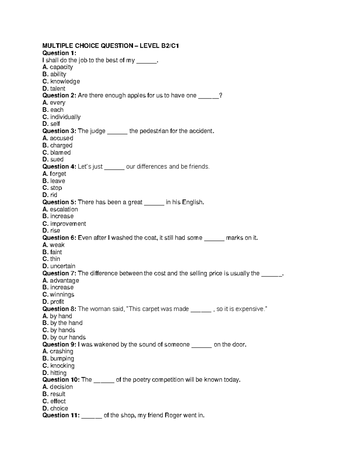 Multiple Choice Question - MULTIPLE CHOICE QUESTION – LEVEL B2/C ...