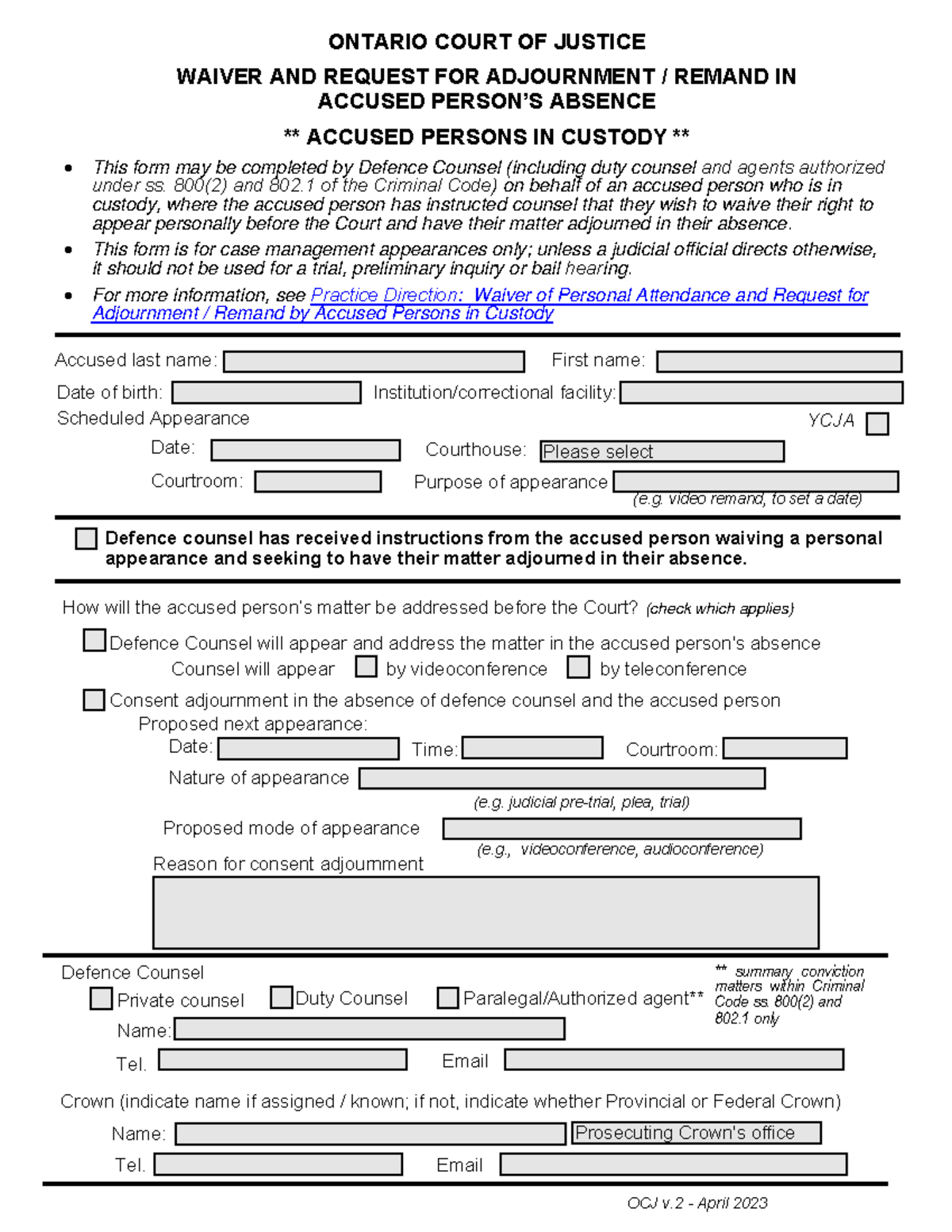 Waiver-EN - Template - ONTARIO COURT OF JUSTICE WAIVER AND REQUEST FOR ADJOURNMENT / REMAND IN ...