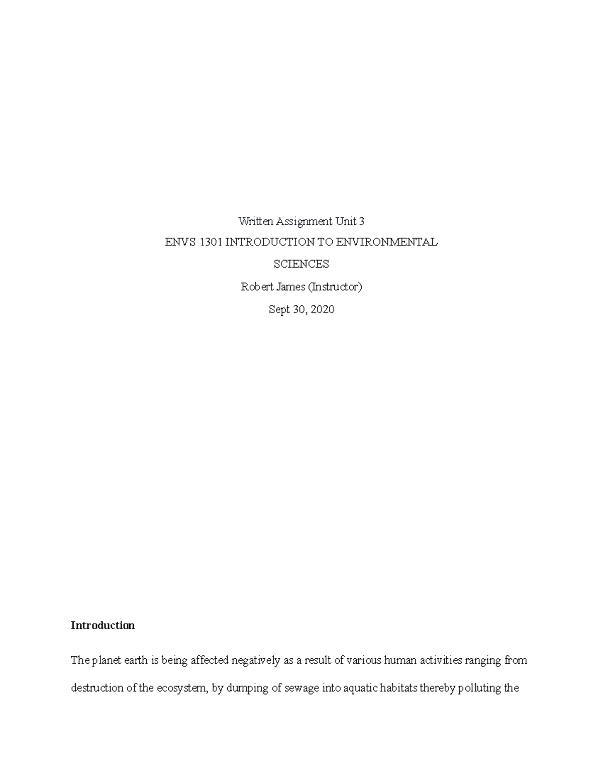 Written Assignment UNIT 4 ENVS1301 - Written Assignment Unit 3 ENVS 1301 INTRODUCTION TO - Studocu