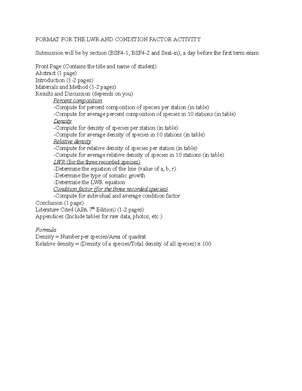 Format FOR THE LWR AND Condition Factor Activity - FORMAT FOR THE LWR ...