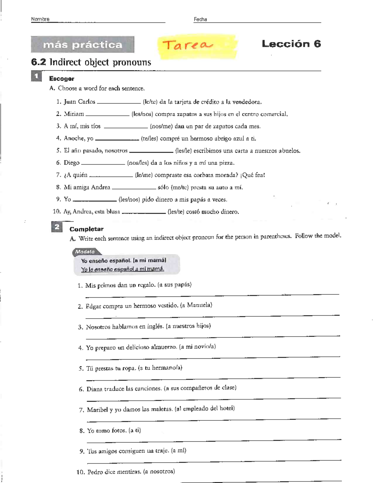 6.2 Tarea Indirect object pronouns - SPAN2B - Studocu