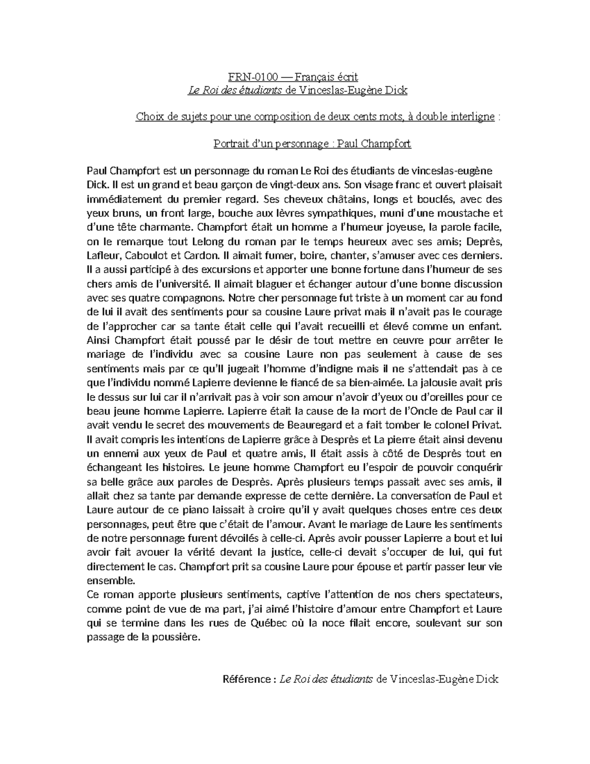 Devoir de comprehension du texte - FRN-0100 — Français é crit Le Roi ...