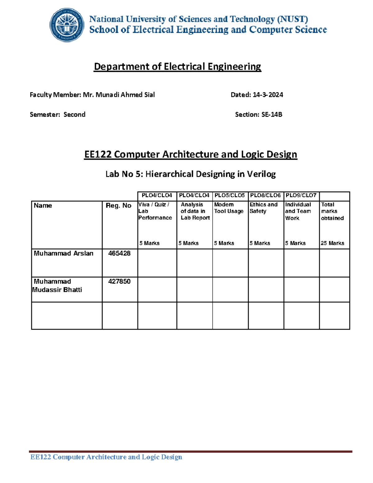 CALD Lab 5 - Department of Electrical Engineering Faculty Member: Mr. Munadi Ahmed Sial Dated ...