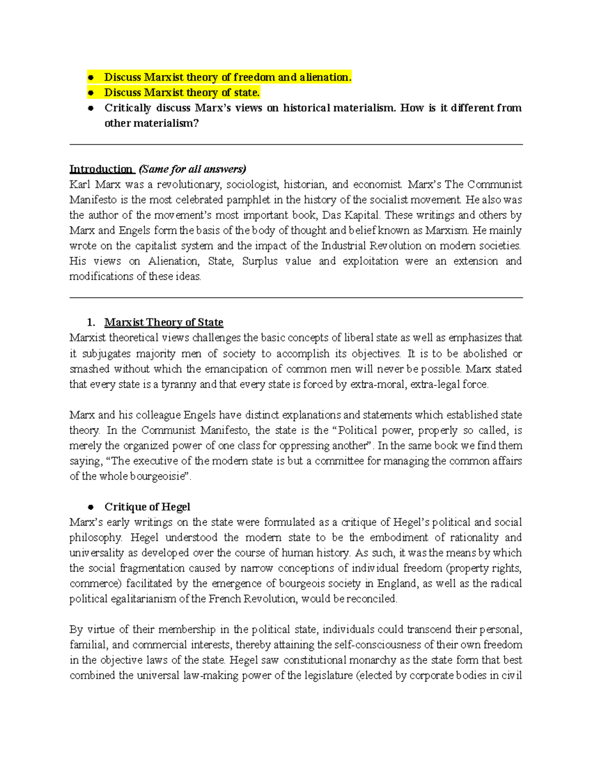 Karl Marx Answers 3 - Discuss Marxist theory of freedom and alienation ...