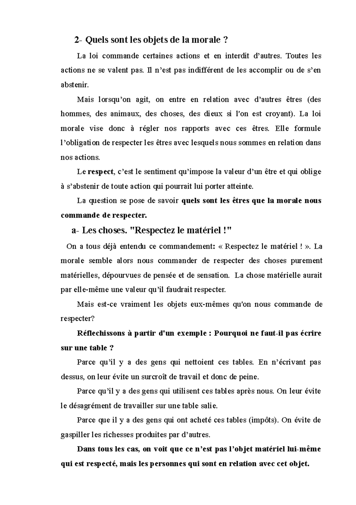 Cours sur la morale - 2- Quels sont les objets de la morale? La loi ...