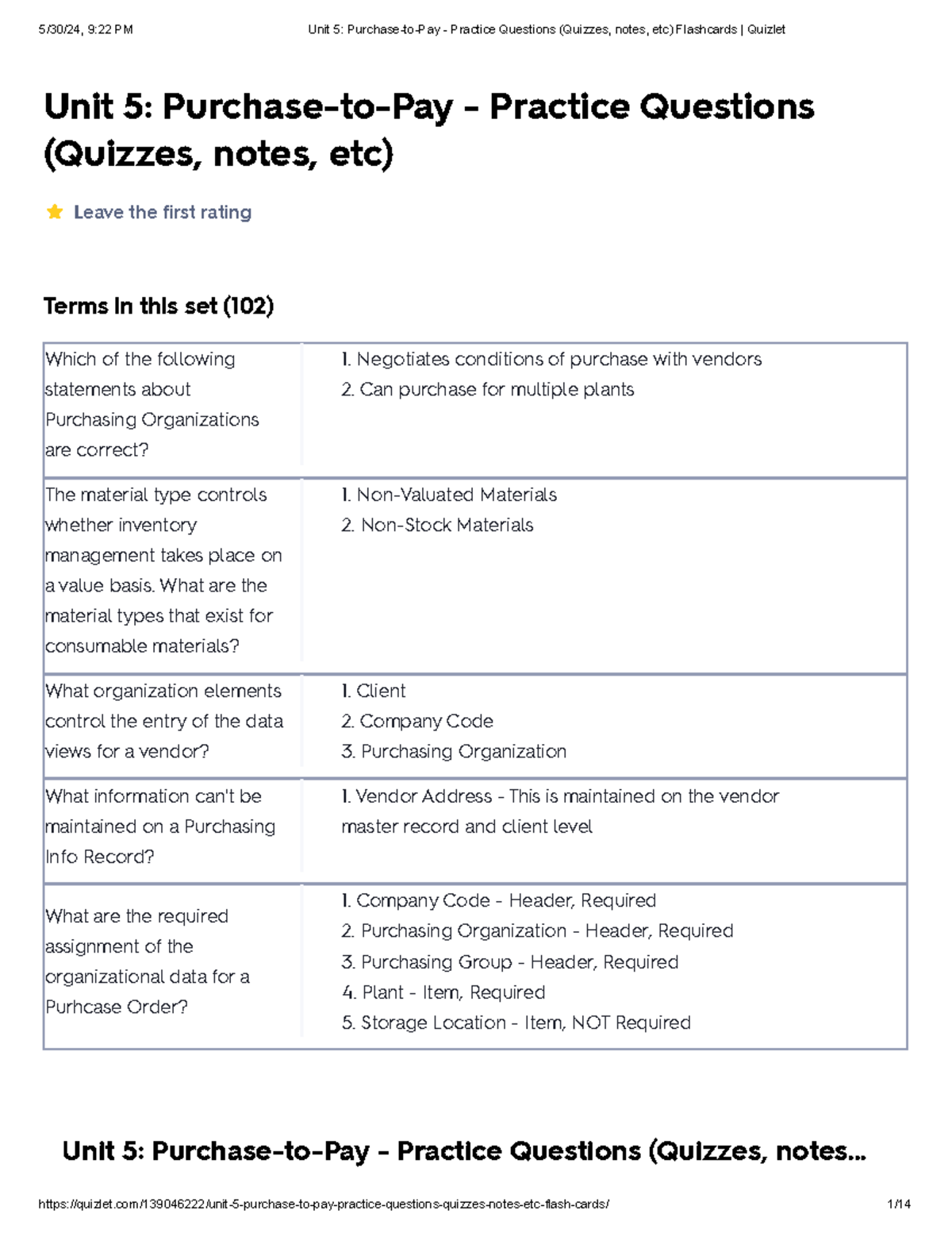 Unit 5 Purchase-to-Pay - Practice Questions (Quizzes, notes, etc ...